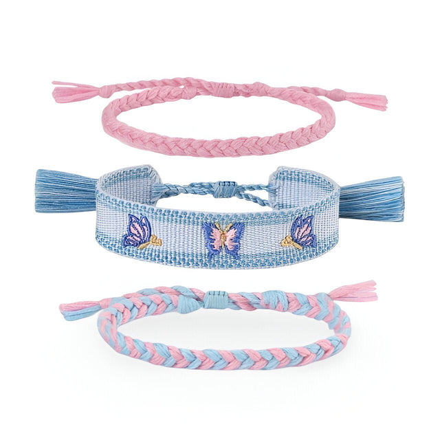 Trio de bracelets en coton tissé, motif papillons, pour femme, modèle