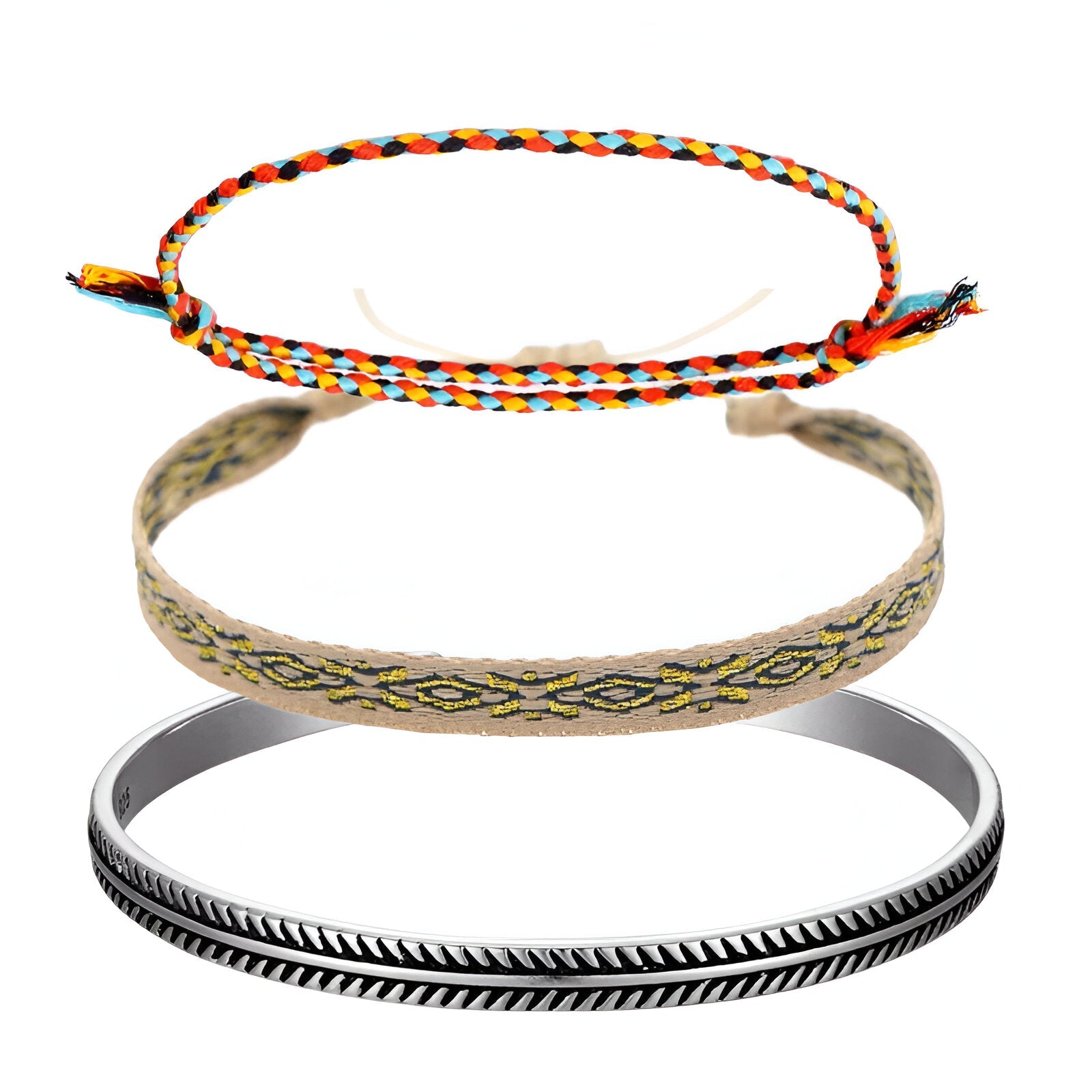 Trio of Tibetan good luck bracelets, in cotton and silver, for men, Fl